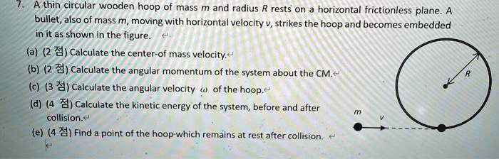 a thin circular wooden hoop of mass m and radius r rests on horizontal frictionless plane bullet ...