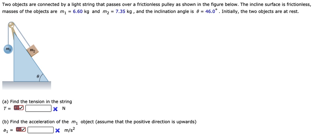 two objects are connected by light string that passes over frictionless pulley as shown in the ...