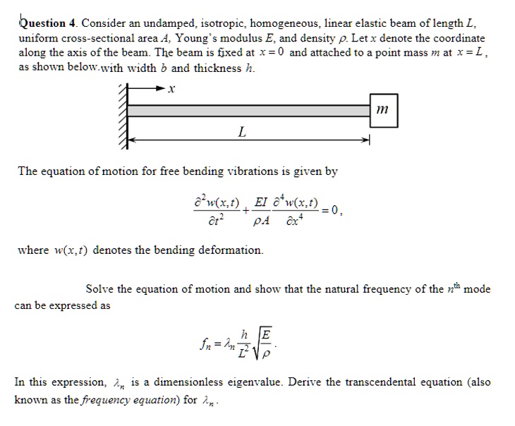 SOLVED: Question 4. Consider an undamped, isotropic, homogeneous, linear elastic beam of length ...