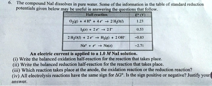 SOLVED: The compound NaI dissolves in pure water. Some of the ...