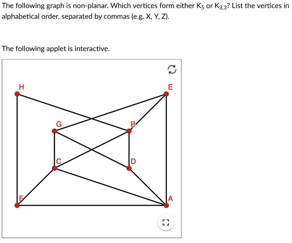SOLVED: The following graph is non-planar: Which vertices form either K5 or K3,3? List the ...