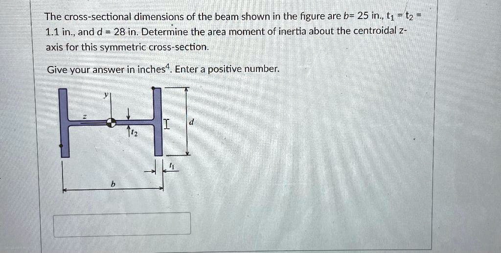 The cross-sectional dimensions of the beam shown in the figure are b= 25 in., t1 = t2 = 1.1 in ...