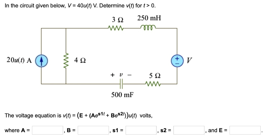 In the circuit given below, V = 40u(t) V. Determine v(t) for t > 0. 3 ? WW 250 mH 000 20u(t) A 4 ...