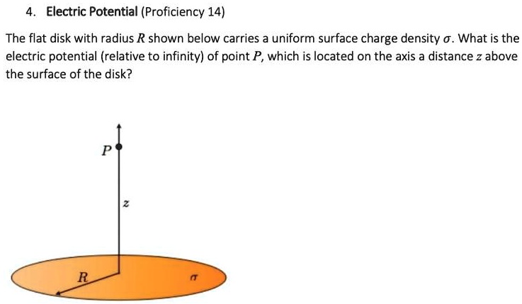 4. Electric Potential (Proficiency 14) The flat disk with radius R shown below carries a uniform ...