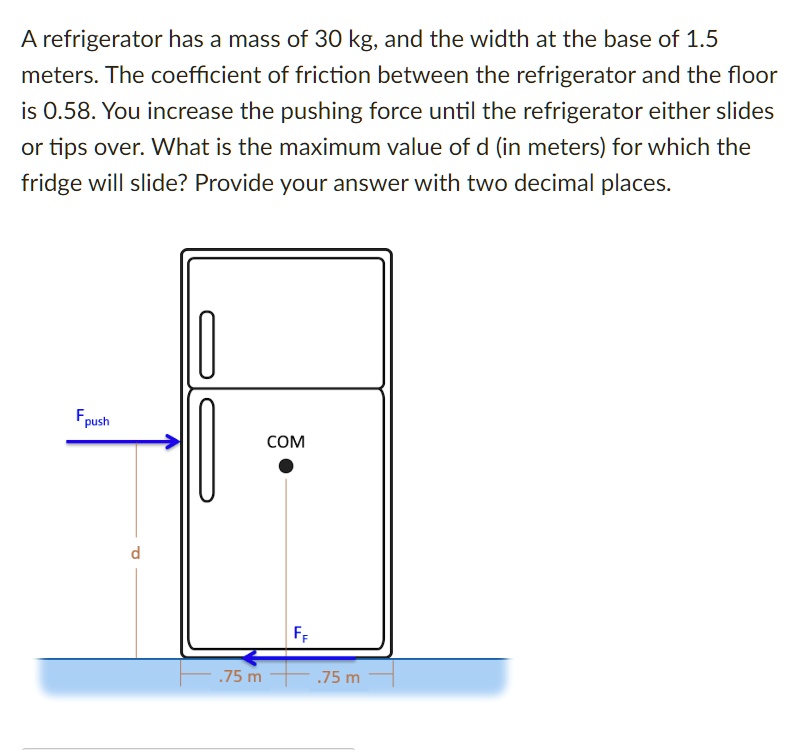 SOLVED: A refrigerator has a mass of 30 kg, and the width at the base ...