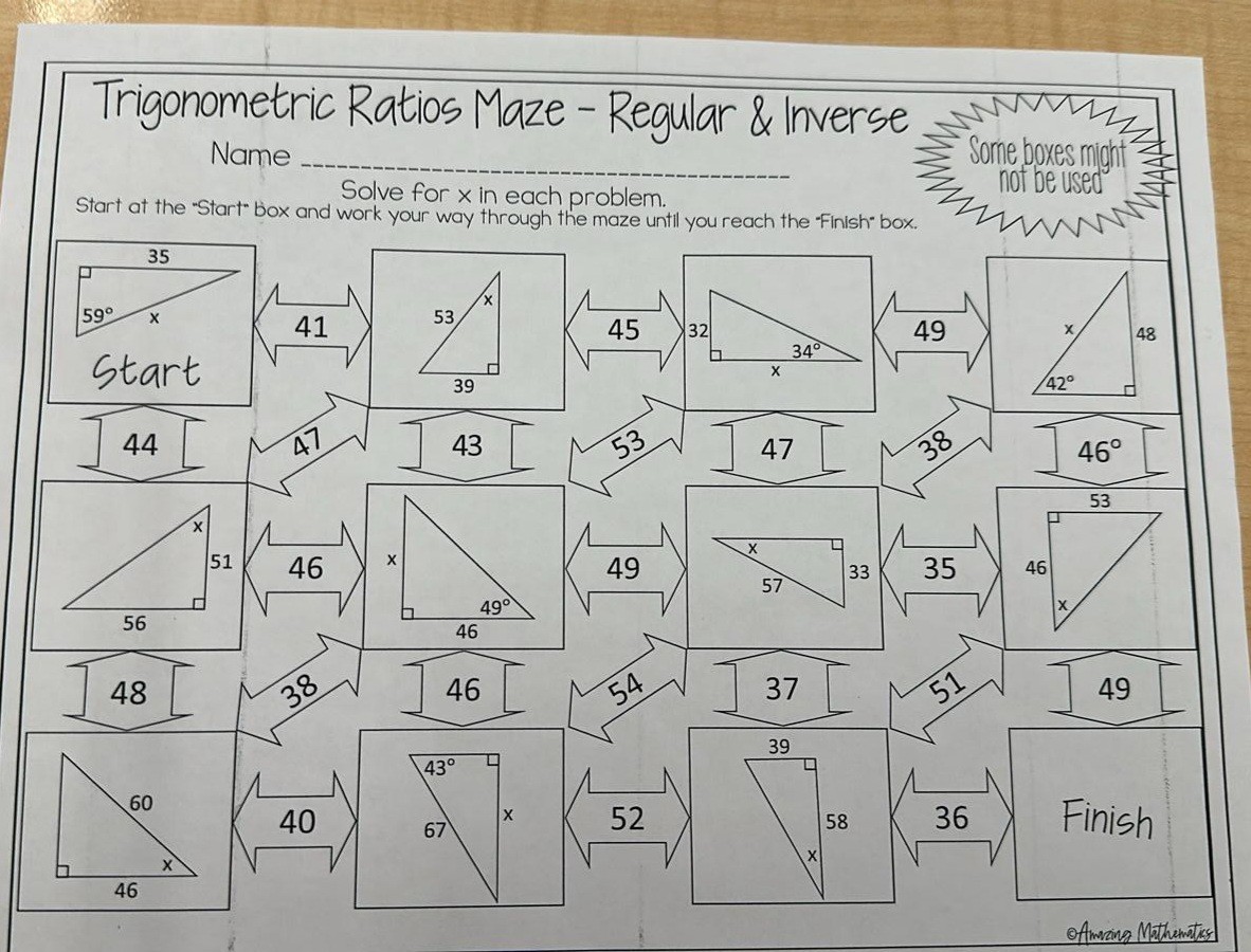 SOLVED: Trigonometric Ratios Maze - Regular & Inverse Name Solve for x ...