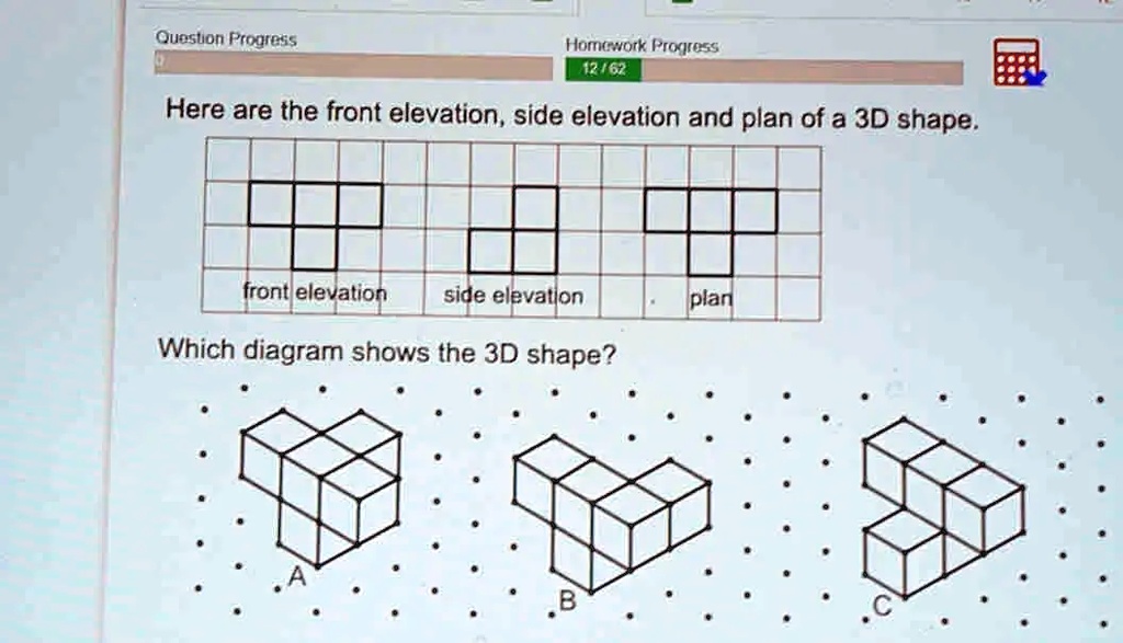 Question Progress Homework Progress 12/62 Here are the front elevation, side elevation and plan ...