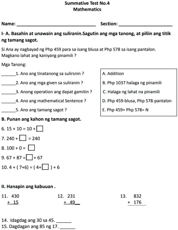 SOLVED: - A. Basahin at unawain ang suliranin.Sagutin ang mga tanong ...