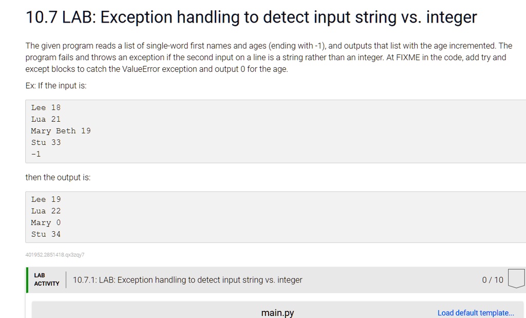 107 Lab Exception Handling To Detect Input String Vs Integer The Given Program Reads A List Of