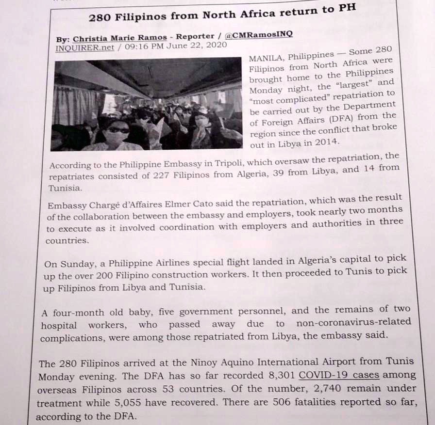 SOLVED: Newspaper Article Analysis Headline: 280 Filipinos from North ...