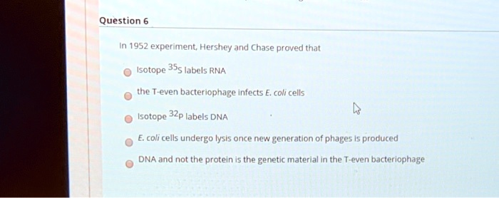 SOLVED:Question In 1952 experiment Hershey and Chase proved that ...