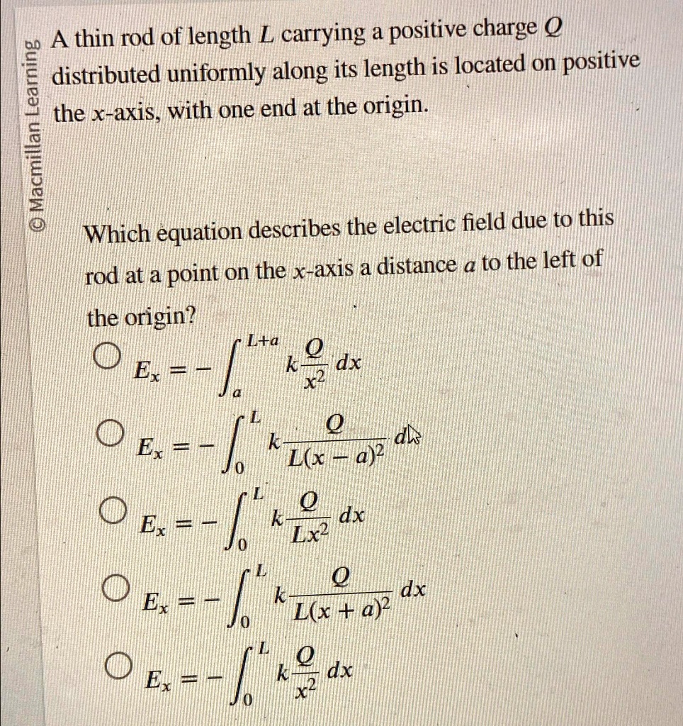 A thin rod of length L carrying a positive charge Q distributed uniformly along its length is ...