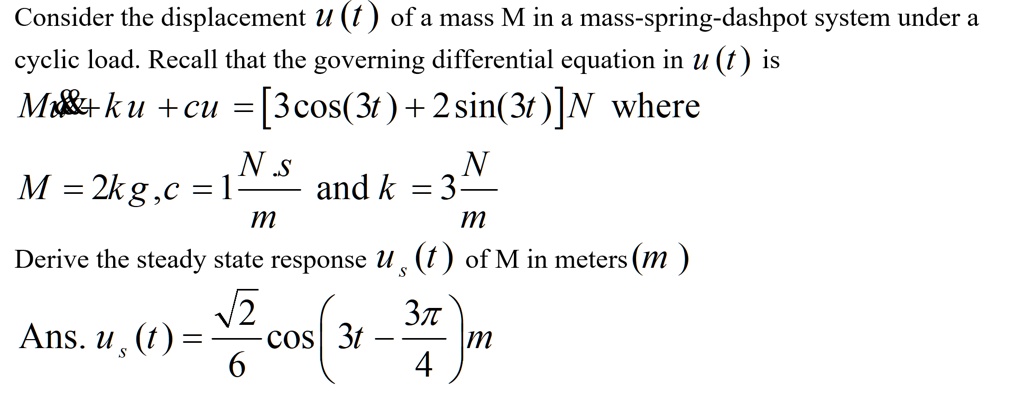 Consider the displacement u(t) of a mass M in a mass-spring-dashpot ...