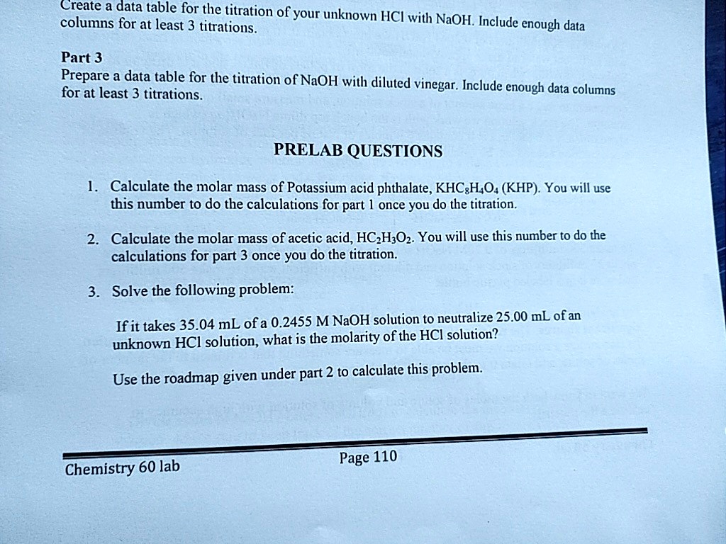 create a data table for the titration of your unknown hci columns for at least 3 titrations with ...