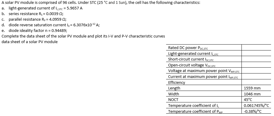 SOLVED: A solar PV module is comprised of 96 cells. Under STC (25Â°C and 1 Sun), the cell has ...