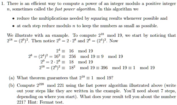 Solved There Is An Efficient Way To Compute Power Of An Integer Modulo Positive Integer