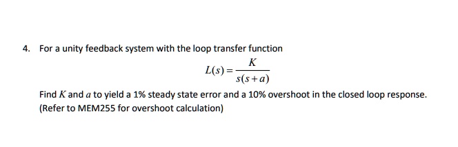 SOLVED: For a unity feedback system with the loop transfer function L(s) = s(s + 4), find K to ...