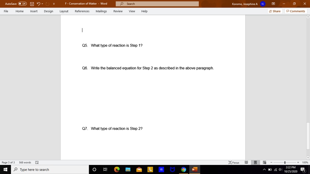 SOLVED: Autosave - ( onsenvatiom of Matter Wlord Search Koromo ...