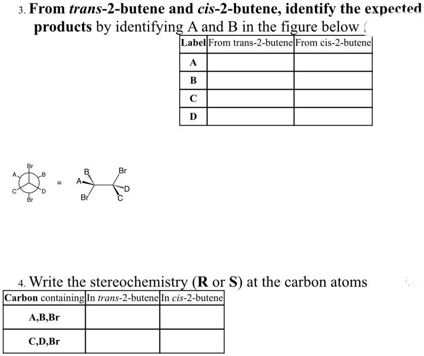 SOLVED: 3 From trans-2-butene and cis-2-butene, identify the expected products by identifying A ...