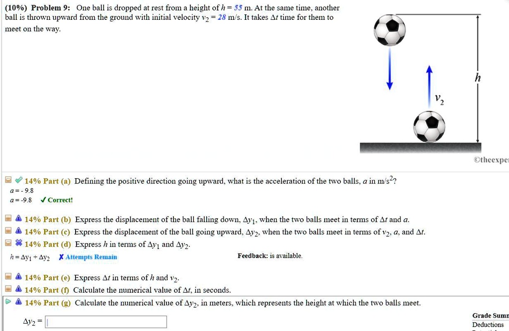 SOLVED: Problem 9: One ball is dropped at rest from a height of h = 55 ...