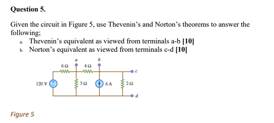 SOLVED: Question 5. Given the circuit in Figure 5, use Thevenin's and Norton'theorems to answer ...