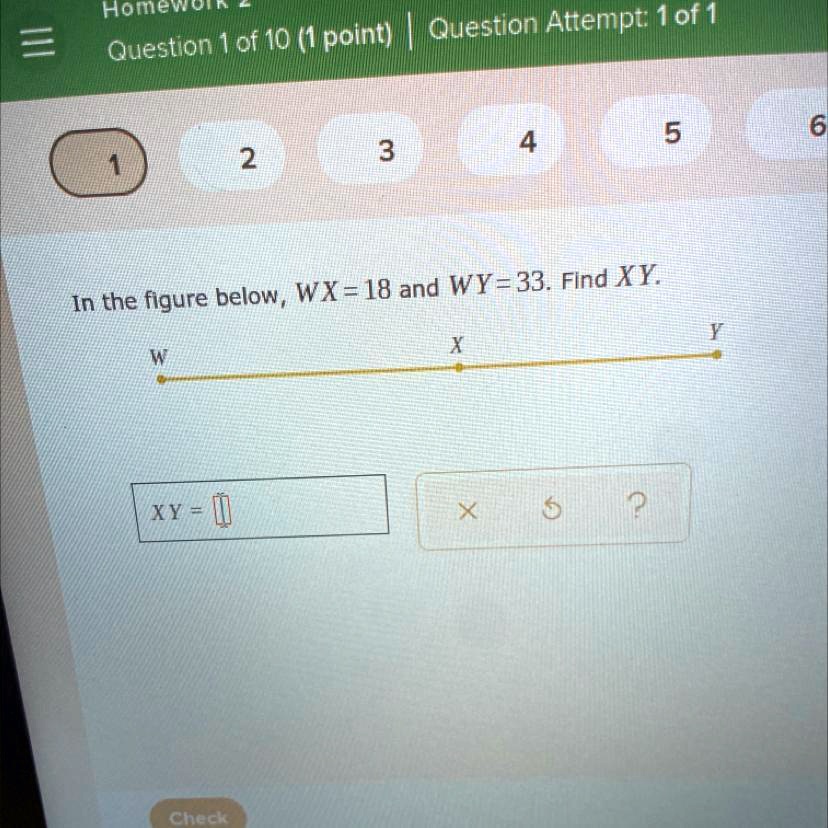 In the figure below, WX = 18 and WY = 33. Find XY.