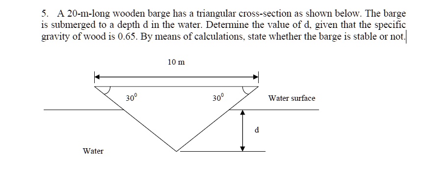 5. A 20-m-long wooden barge has a triangular cross-section as shown ...