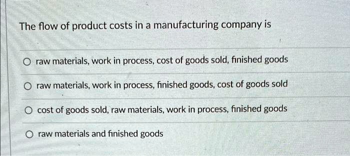 SOLVED: The flow of product costs in a manufacturing company is: - Raw ...