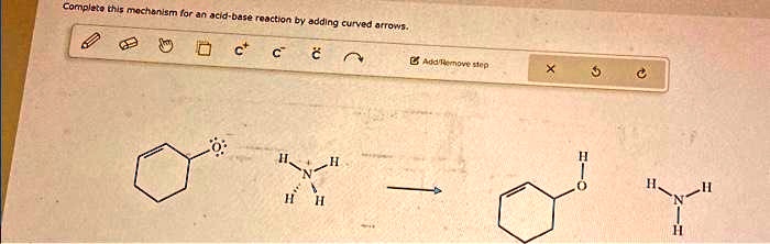 Complete this mechanism for an acid-base reaction by adding curved arrows.