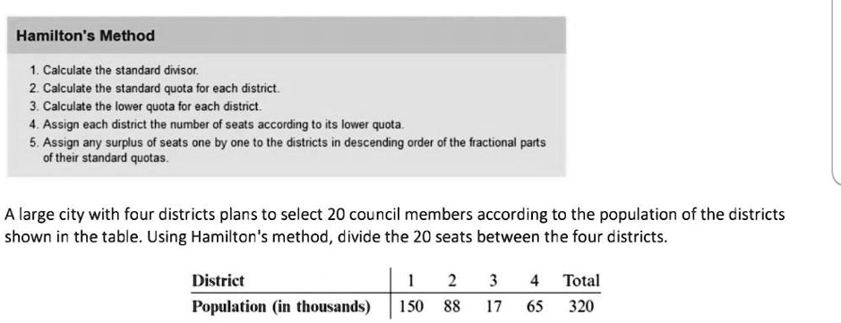 Hamilton's Method 1. Calculate the standard divisor. 2. Calculate the ...