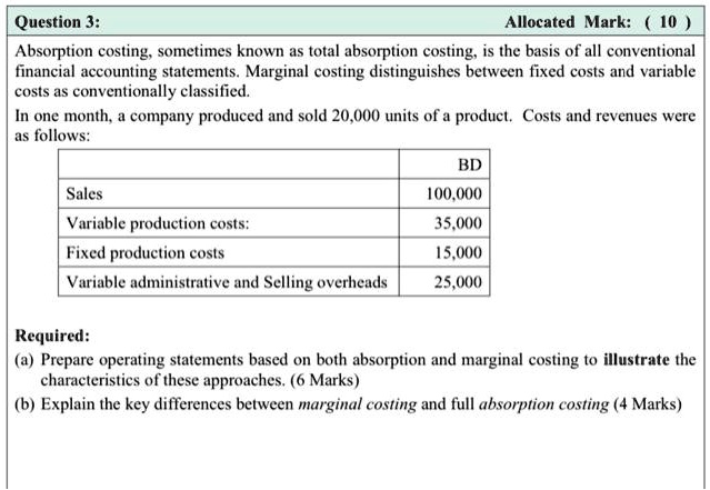 Question 3: Allocated Mark: (10) Absorption costing, sometimes known as ...