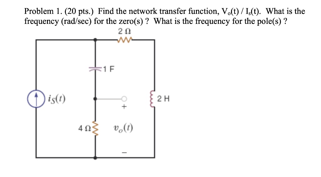 SOLVED: Problem 1. (20 pts.) Find the network transfer function, V(t ...