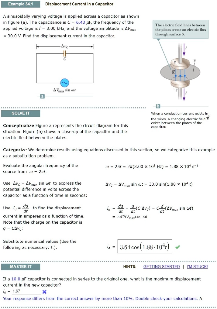 SOLVED: Example 34.1 Displacement Current in a Capacitor A sinusoidally varying voltage is ...