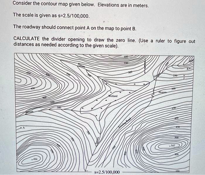 SOLVED: Consider the contour map given below. Elevations are in meters. The scale is given as s ...