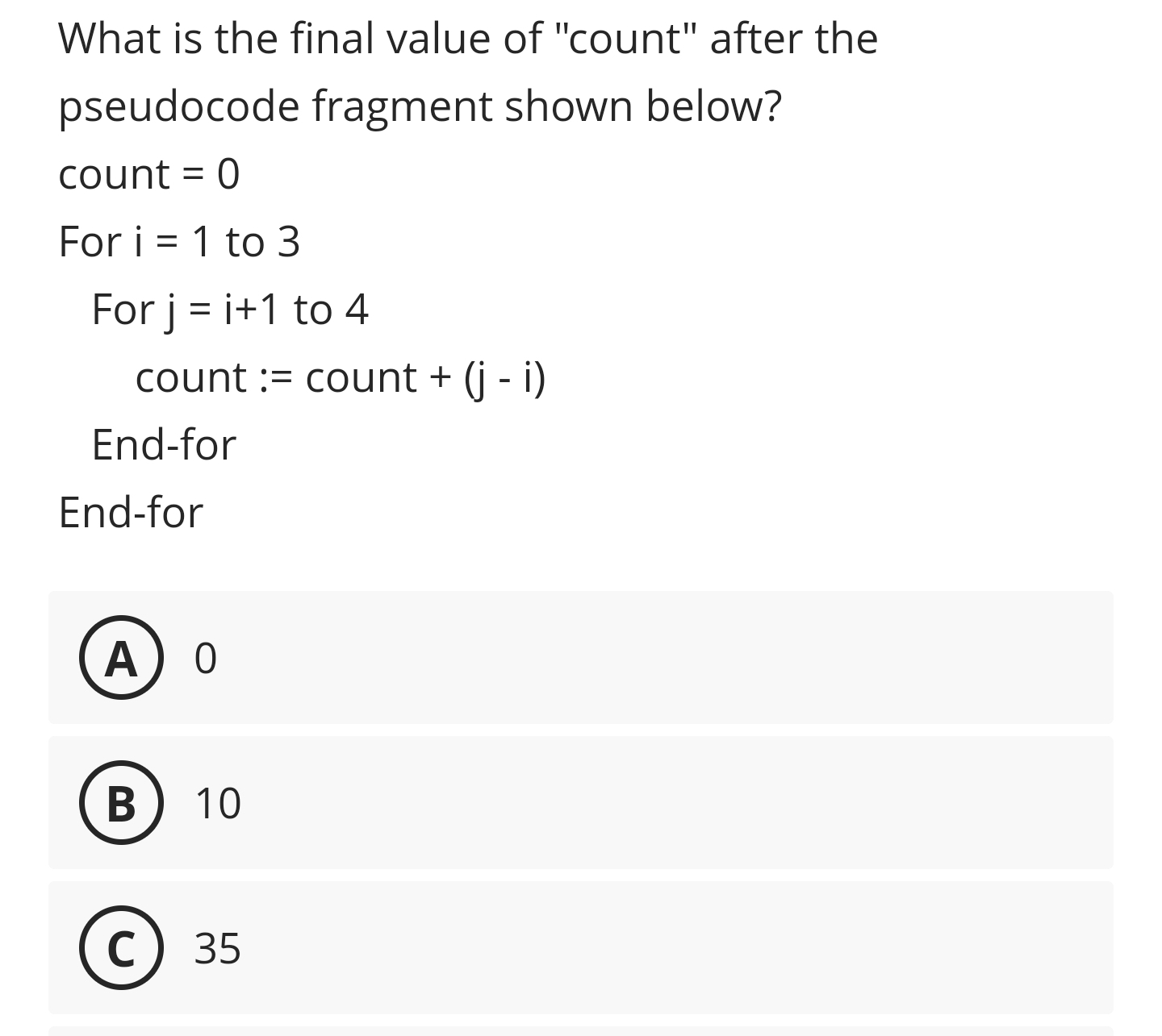 What is the final value of "count" after the pseudocode fragment shown ...
