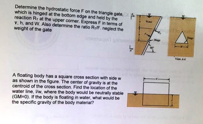 Determine the hydrostatic force F on the triangle gate, which is hinged ...