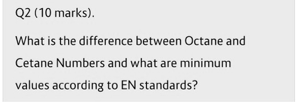 SOLVED: What is the difference between Octane and Cetane Numbers and ...