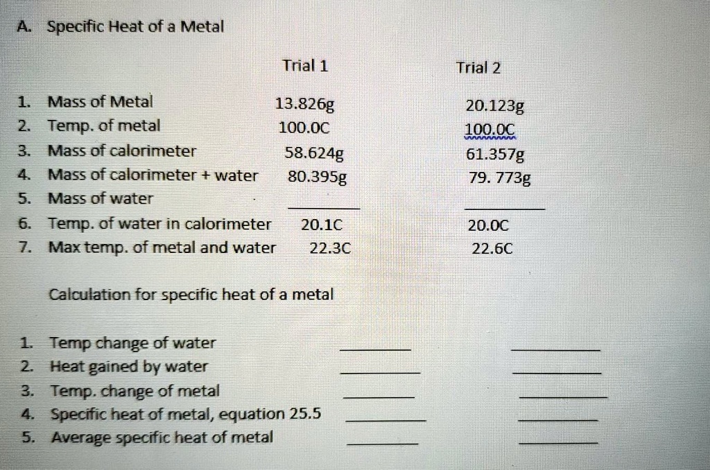a specific heat of a metal trial 1 trial 2 1 mass of metal 13826g 2 ...