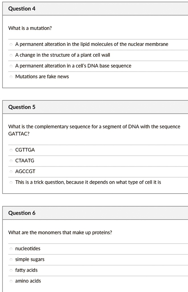 SOLVED: Question 4 What is a mutation? A permanent alteration in the lipid molecules of the ...