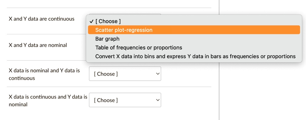 Text: Match the following types of data to the appropriate graphical approach X and Y data are ...