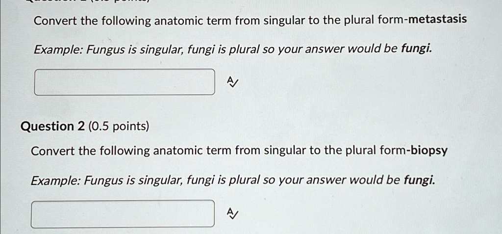 SOLVED: Convert the following anatomic term from singular to the plural ...