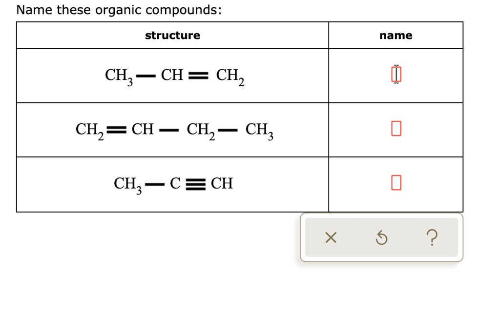 SOLVED:Name these organic compounds: structure name CH; ~ CH CHz CHz CH CH2 CH; CH; ~ S C = CH