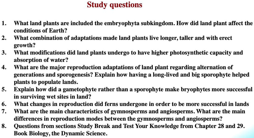 Study questions 1. What land plants are included the embryophyta ...
