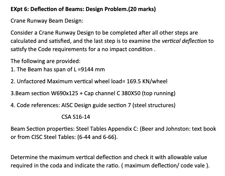 EXpt 6: Deflection of Beams: Design Problem. (20 marks) Crane Runway ...