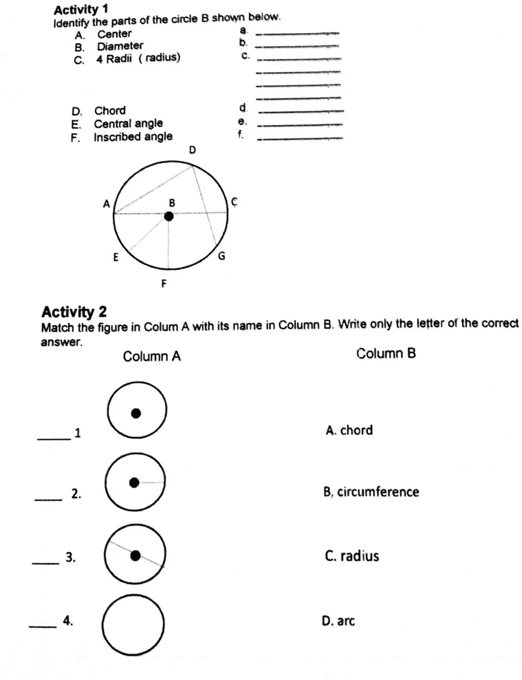 Activity 1 Identify the parts of the circle B shown below. A. Center B ...