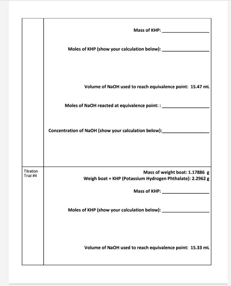 SOLVED: Mass of KHP: Moles of KHP (show your calculation below): Volume of NaOH used to reach ...