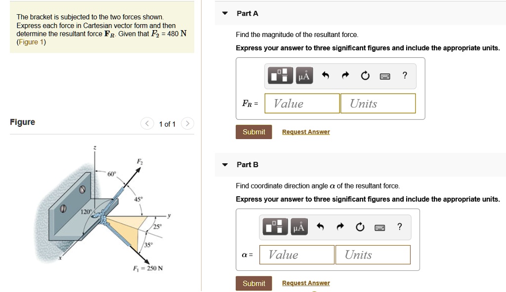 SOLVED: The bracket is subjected to the two forces shown. Express each ...