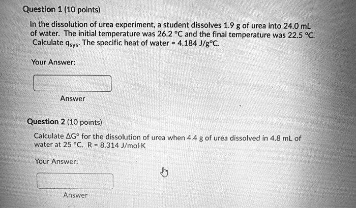 SOLVED: Question 1 (10 points): The Dissolution of Urea Experiment A ...