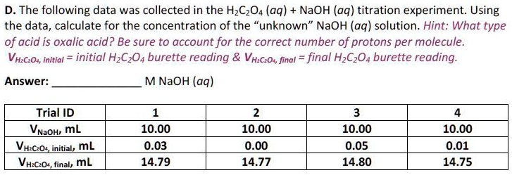 SOLVED: The following data was collected in the H2C2O4 (aq) + NaOH (aq ...