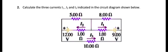 2. Calculate the three currents I1, I2 and I3 indicated in the circuit diagram shown below. 5.00 ...